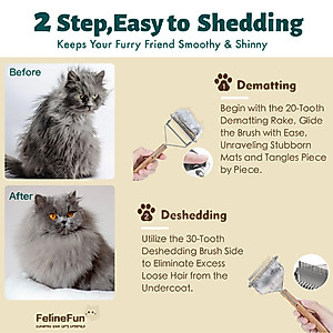 FelineFun Cat Brush for Dematting & Deshedding, 2 in 1 Undercoat Rake, Efficiently Remove Loose Hair & Matted Fur, Professional Shedding Comb for Indoor Cats & Long Haired Cats