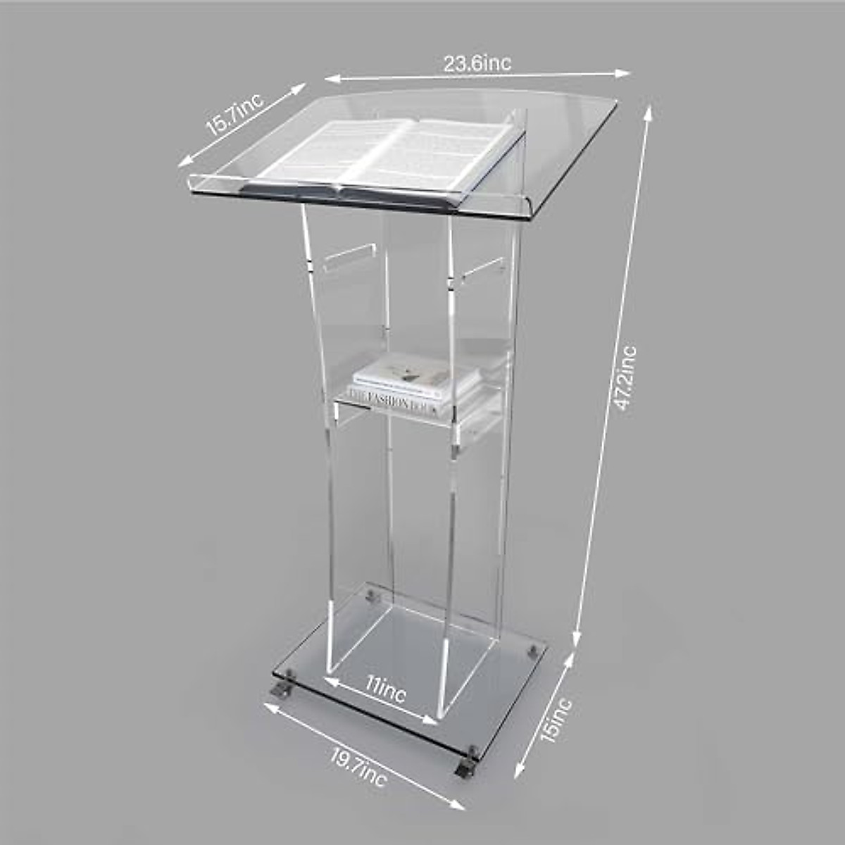 Acrtmatic Acrylic Clear Rolling Wheel Podium Stand, 47-inch Modern Lectern & Podium with Storage Shelf for Church, Speech，Classroom, Wedding, Concert. (23.6" L x 15.7" W x 47.2" H)