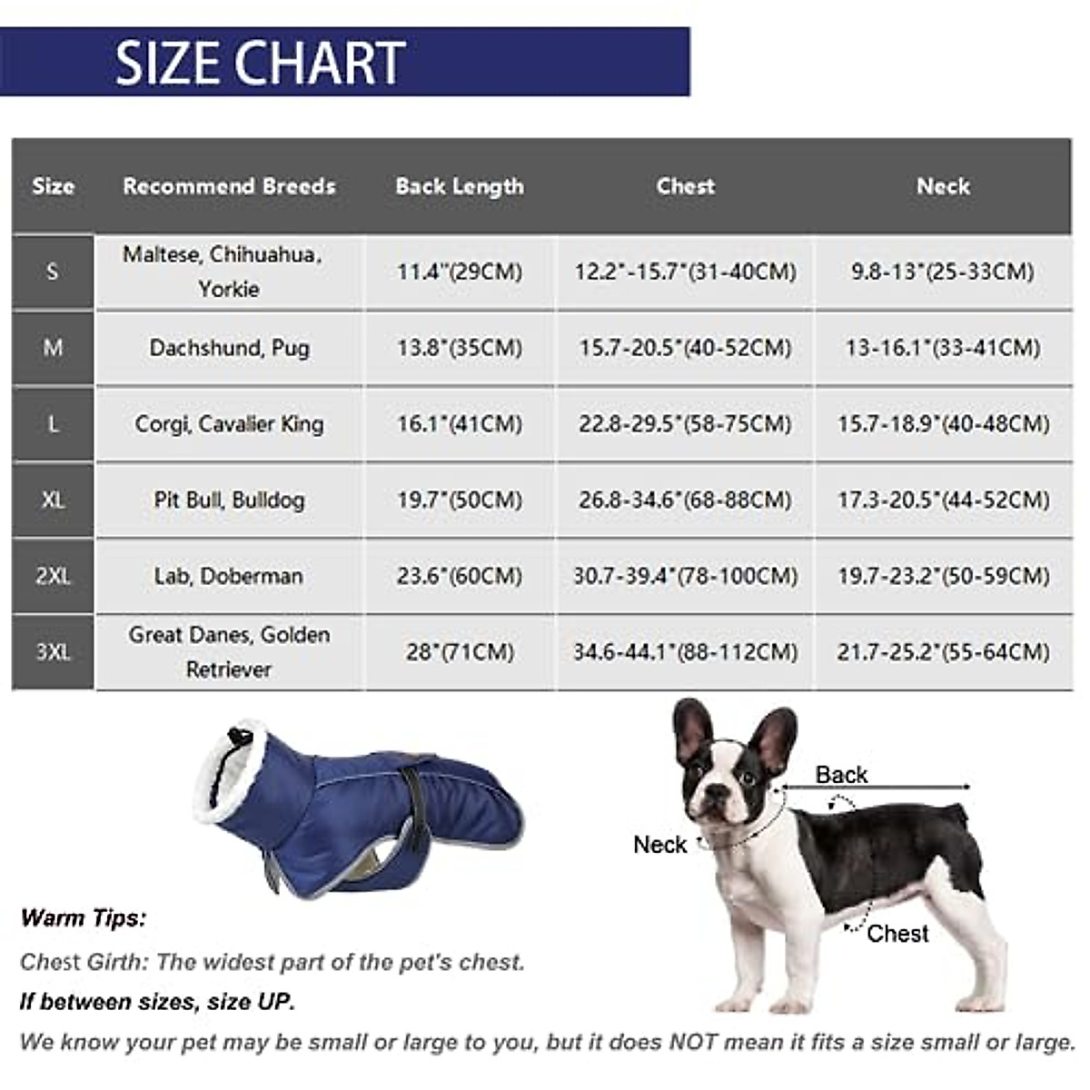 Mklhgty Dog Coat, Reflective & Adjustable Dog Winter Coat with Buckle Fleece Turtleneck for Small Medium Large Dogs, Windproof Waterproof Snow Jacket Vest with Leash Hole for Cold Weather