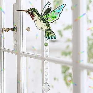 Stained Glass Hummingbird Window Hangings, Indoor Window Hanging Crystals Ornaments, Hanging Clear Crystals Ornament Decoration for Home, Garden, Office (Green)