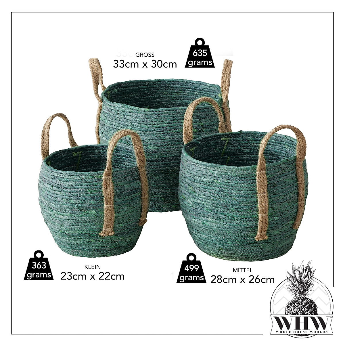 Farmers 3 Piece Basket Set, Green Dye Soaked Floor and Shelf Organizers, Corn Husk Wicker, Durable Chunky Rope Weave, Handles, Stitched, Reinforced, Rustic Home Decor, Round, 13, 11, 9 Inches