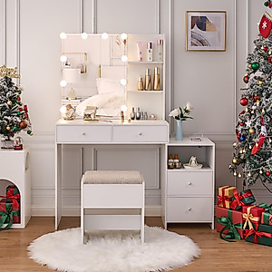 ANWBROAD Makeup Vanity Desk Vanity Set with LED Lighted Mirror Makeup Vanity Table Set with Charging Station Nightstand 3 Colors Modes Dimming Cushioned Stool (Crystalline Handles) UBDT13W