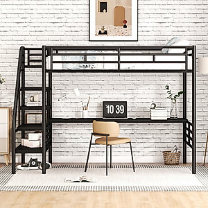 Harper & Bright Designs Metal Twin Loft Bed with Desk, Twin Size Loft Bed with Stairs and Workstation Desk for Kids Teens, Space Saving Metal Loft Bed Frame,No Box Spring Needed, Black