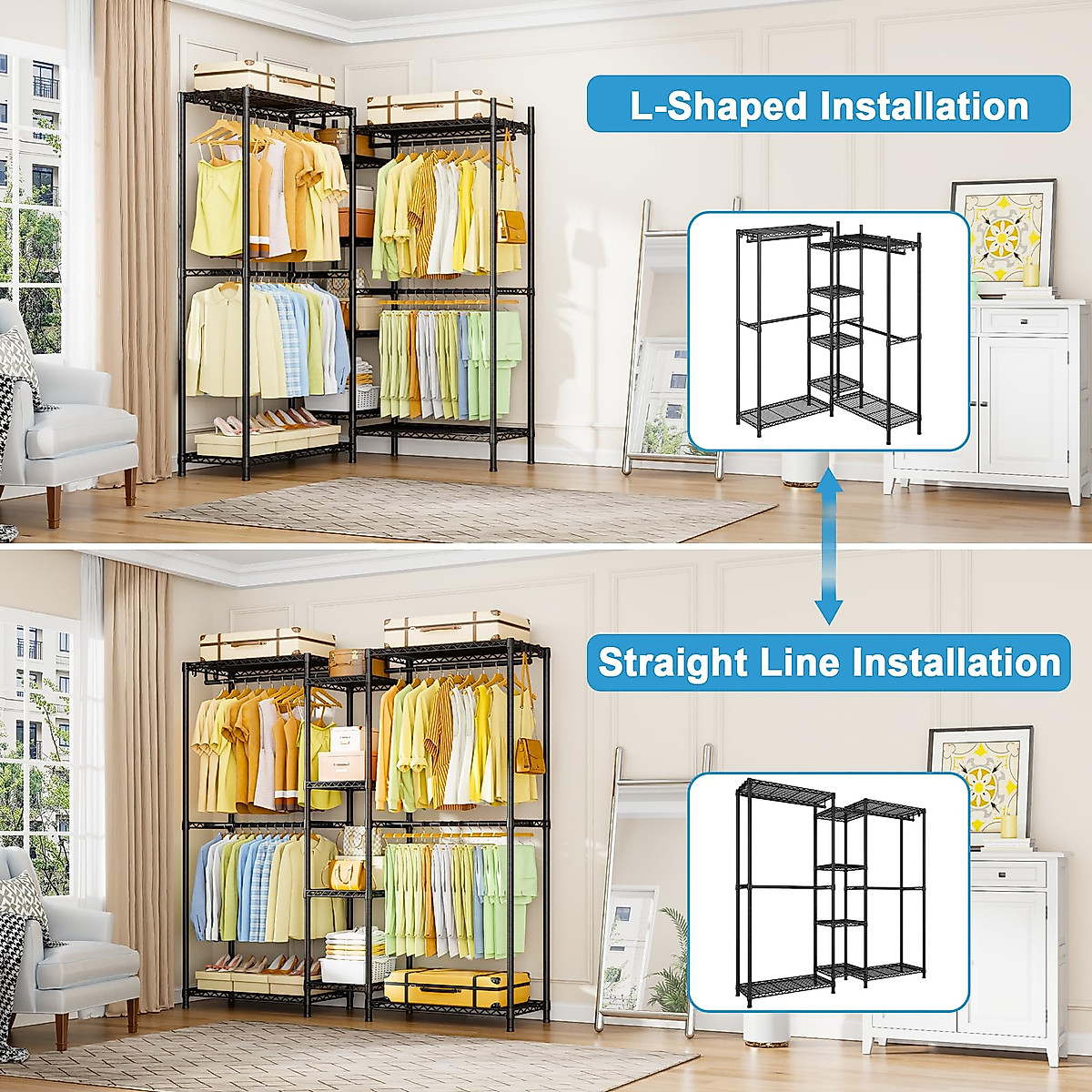 Ulif E4 Clothes Rack, Heavy-Duty Garment Rack, Metal Freestanding Clothing Organization Storage System Can Be L-Shaped with Shelves and Hangers, Max Load 920lbs, 71.6" W x 14.5" D x 79.3" H, Black