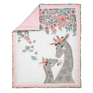 Lambs & Ivy Giraffe and a Half Pink/Gray 4-Piece Nursery Baby Crib Bedding Set
