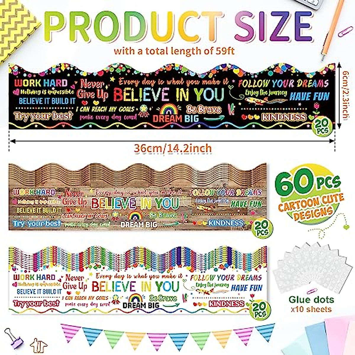 Inspirational Quotes Bulletin Board Borders Trim,Growth Mindset Motivational Classroom Borders for Bulletin Board Decorations,Inspirational Bulletin Board Decorations for Classroom (59 FT in Length)