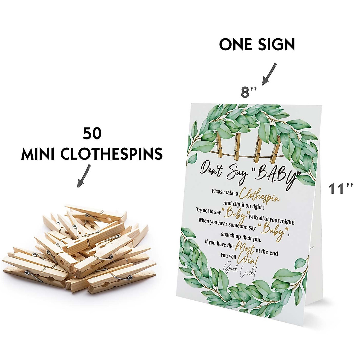 Don't Say Baby Sign, Baby Shower Clothespin Game, Includes a 8x11 Standing Sign and 50 Mini Natural Clothespins - BIG003