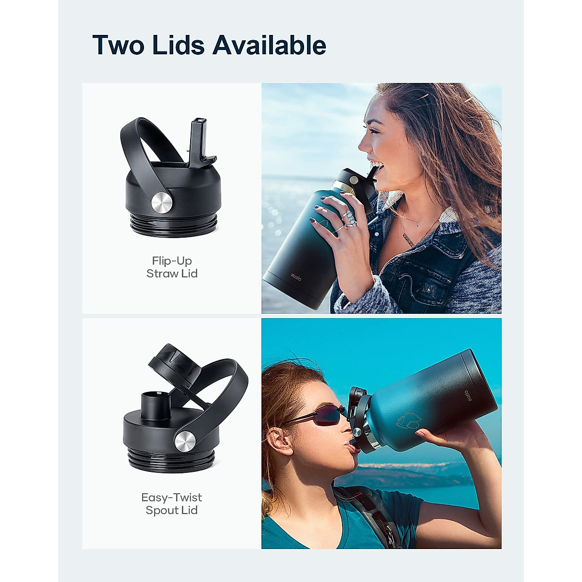 BUZIO 64oz Water Bottle Insulated, Half Gallon Stainless Steel Water Jug with Straw Lid and Carrying Pouch, Leak Proof Double Wall Thermo Water Flask Metal Canteen for Gym Sport Camping, Indigo Crush