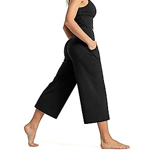 Tmustobe Womens Lounge Yoga Capris Pants Bootleg Tummy Control High Waist Workout Flare Crop Pants with Pockets (Black, Large)