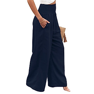 utcoco Womens Wide Leg Linen Palazzo Pants Casual Elastic Waisted Loose Fit Trousers (XXL, Navy Blue)
