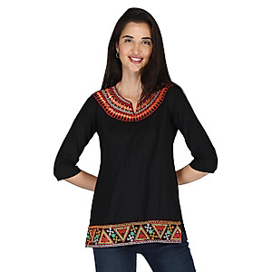 MESMERIICAL Women's Embroidered Cotton Short Kurti (Large, Black)