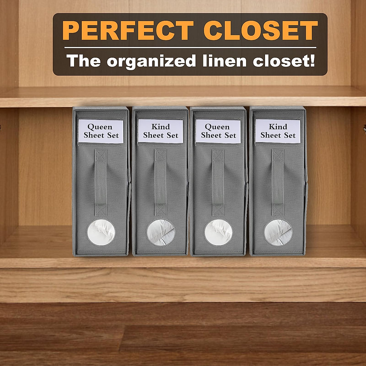 Aucoofany Bed Sheet Organizers 2/4-Pack Set, Foldable Sheet Organizer for Linen Closet, Sheets Set Folder Keeper with Window, Organizing Bedding Clothes Blanket Towels Container (Gray, 4 Pack)