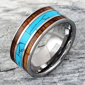 King's Cross Magnificent X-Wide 10mm Mirror Polished Silver Tungsten Carbide Band Ring w/Blue Turquoise Inlay Between 2 Koa Wood Inlays. (Tungsten (10mm), 9)