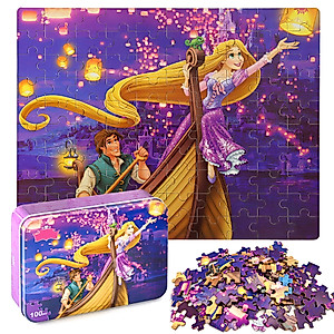 LELEMON Princess Puzzles in a Metal Box 100 Piece Long Hairs Princess Jigsaw Puzzle for Kids Ages 4-8 Children Learning Educational Puzzles Toys