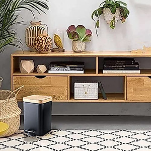 Mini Bathroom Trash Can with Bamboo Lid Soft Close, 0.8 Gal / 3 L Square Step Garbage Container Bin with Removable Inner Wastebasket for Bedroom, Kitchen, Office (Black)