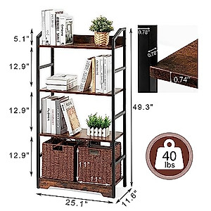 Vagusicc 4 Tier Bookshelf with 2 Storage Baskets, Tall Bookcase Shelf Storage Organizer Wood Book Shelf, Modern Shelf Rack Shelves with Steel Frame, Multipurpose Bookshelf for Bedroom Living Room
