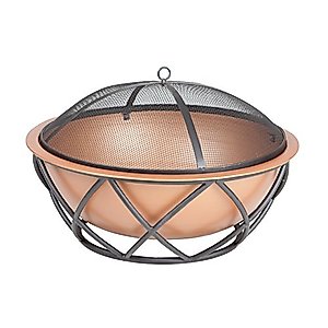 Fire Sense 62241 Fire Pit Barzelonia Copper-Look Wood Burning Lightweight Portable Outdoor Firepit Backyard Fireplace Camping Bonfire Included Screen Lift Tool & Cooking Grate - Round - 26"