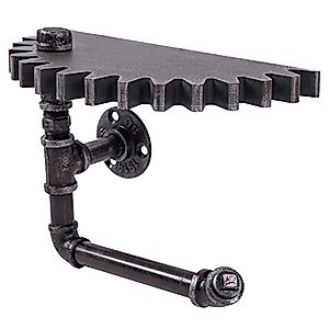 MyGift Wall Mounted Black Patina Metal Floating Shelf with Industrial Metal Pipe Wall Bracket, Hanging Shelf Rack with Steampunk Gear Design