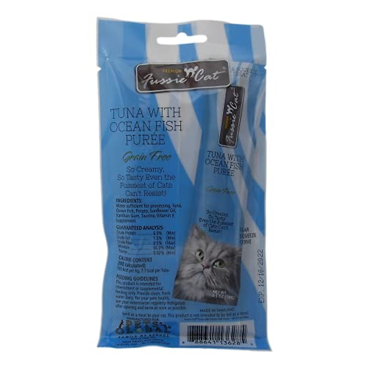 Fussie Cat Premium Tuna Puree Complement Topper Treat 4 Flavor Variety - (2) Each: Salmon, Shrimp, Prawns, Ocean Fish (2 Ounces) - Plus Catnip Toy and Fun Animal Facts Booklet Bundle