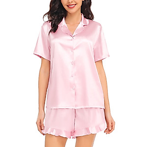 SWOMOG Womens Silk Pajamas Short Sleeve Sleepwear Soft Satin Button Down Loungewear 2 Piece PJs Shorts Set Pink