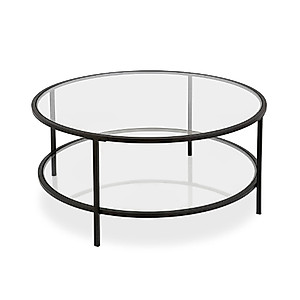 Henn&Hart 36" Wide Round Coffee Table with Glass Top in Blackened Bronze, Modern coffee tables for living room, studio apartment essentials