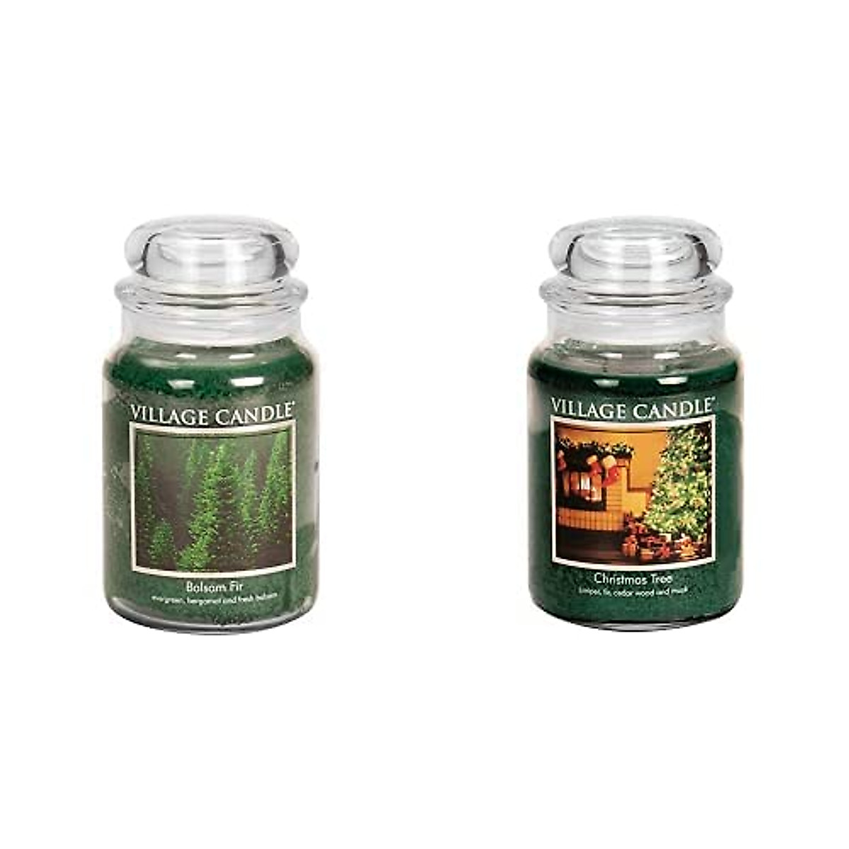 Village Candle Christmas Tree Large Glass Apothecary Jar Scented Candle, (26oz), Green & Balsam Fir Large Apothecary Jar, Scented Candle, 21.25 oz.