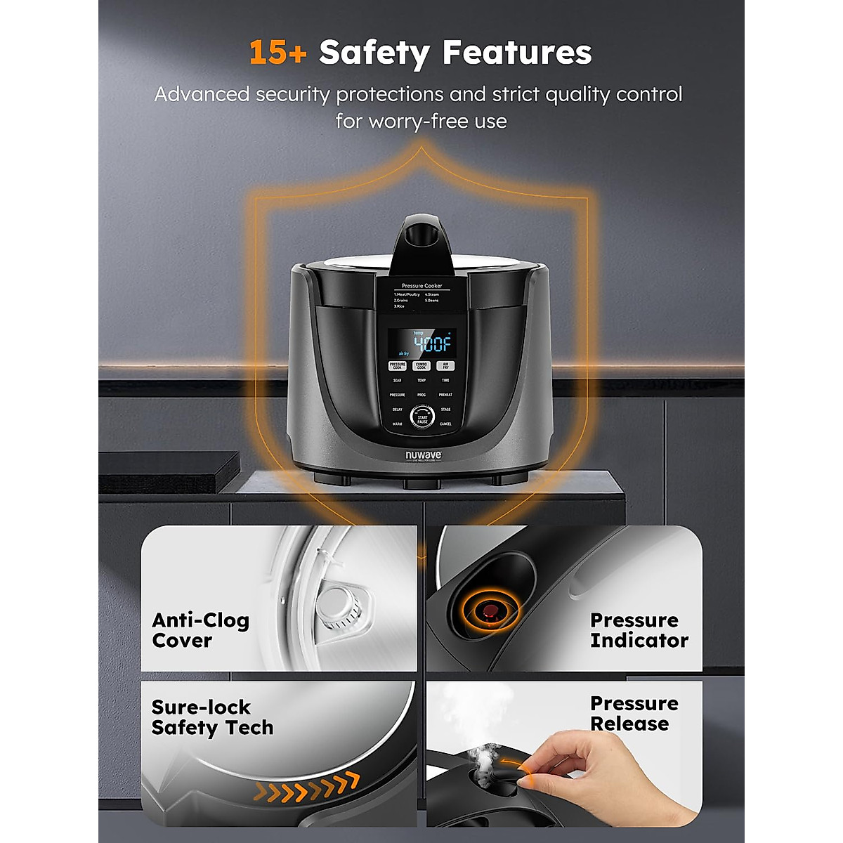 Nuwave Duet Air Fryer, Electric Pressure Cooker & Grill Combo, 540 IN 1 Multicooker with 2 Removable Lids, Slow Cook, Sears, Sautés, 18/10 SS Pot, Sure-Lock Safety Tech & 9 Deluxe Accessories