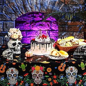 3 Pieces Day of The Dead Plastic Tablecloth Dia De Los Muertos Sugar Skull Floral Table Cloth Disposable Rectangle Table Cover for Halloween Mexican Fiesta Birthday Coco Party Supplies, 54 x 108 Inch