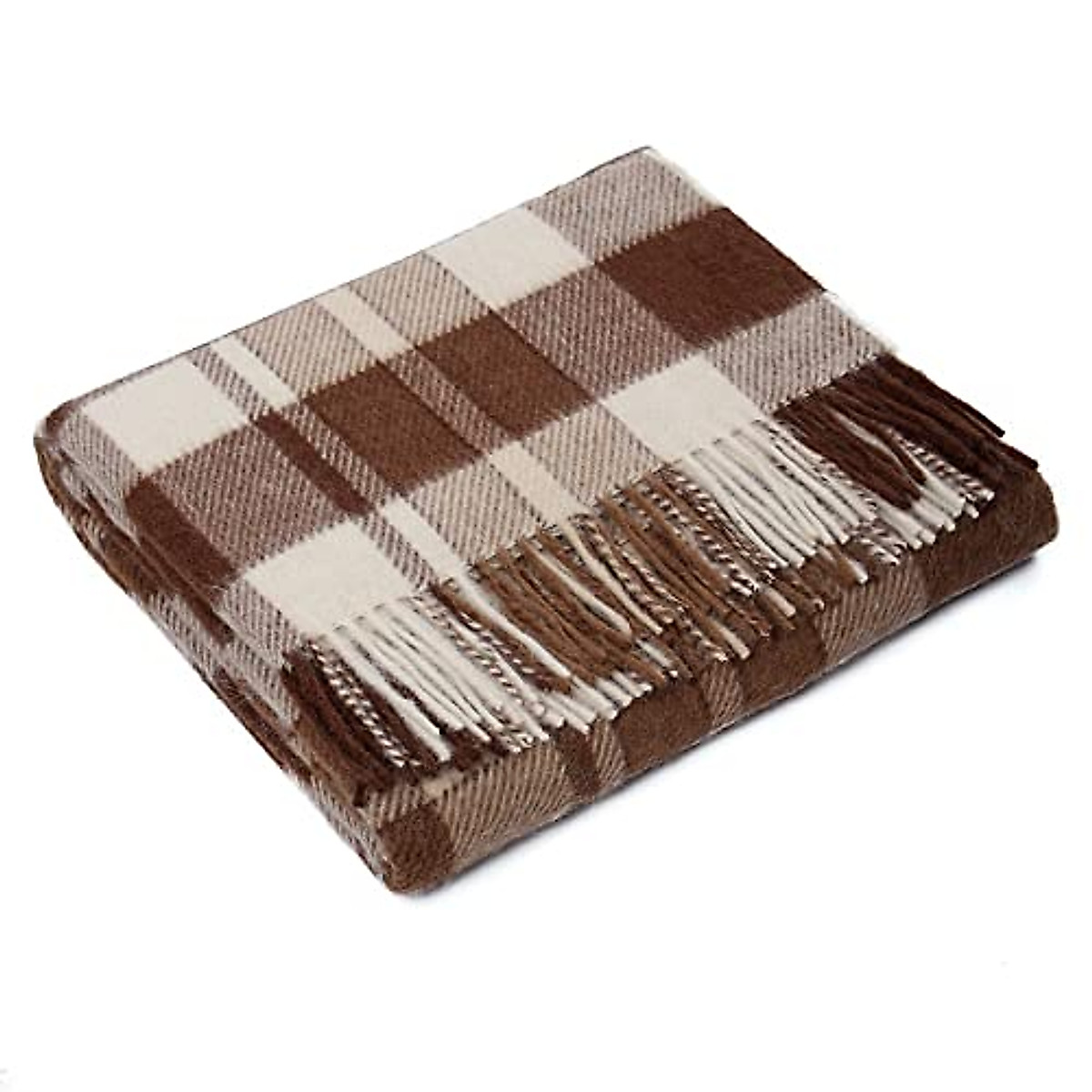 Scottish Dusk - Alpaca Throw Blanket Handwoven Soft Warm Camel/Ivory/Brown Plaid Design 76" x 68"