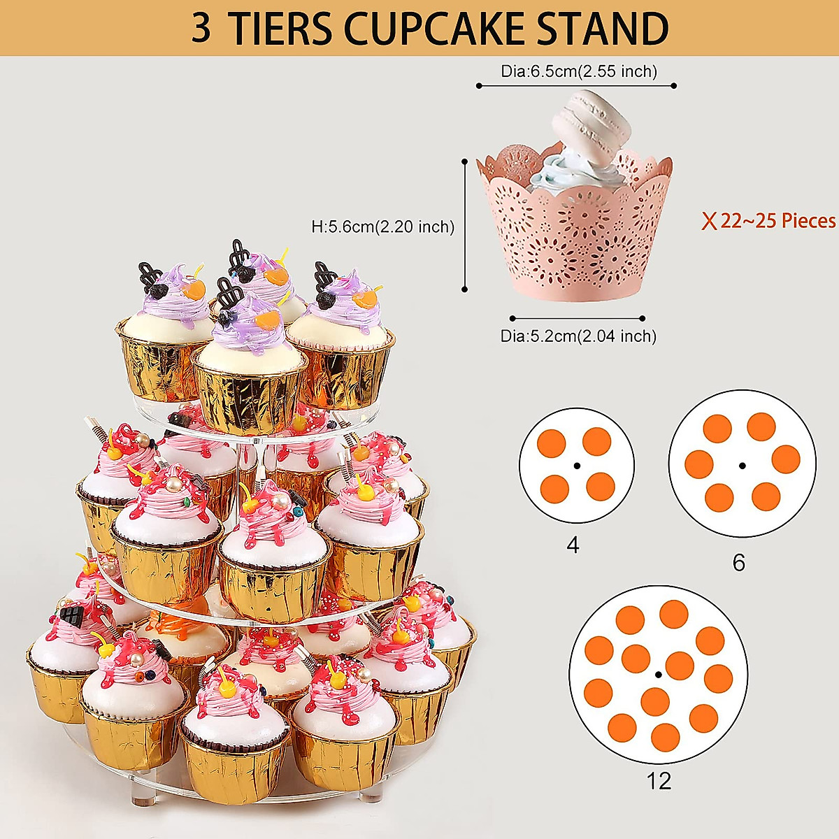 HAOWUJIN Cupcake Stand for 24 Cupcakes, Round Acrylic Cupcake Stand for Wedding Birthday Party Baby Shower Dessert Table for Parties Display, 3 Tier Clear Cupcake Tower Stand…