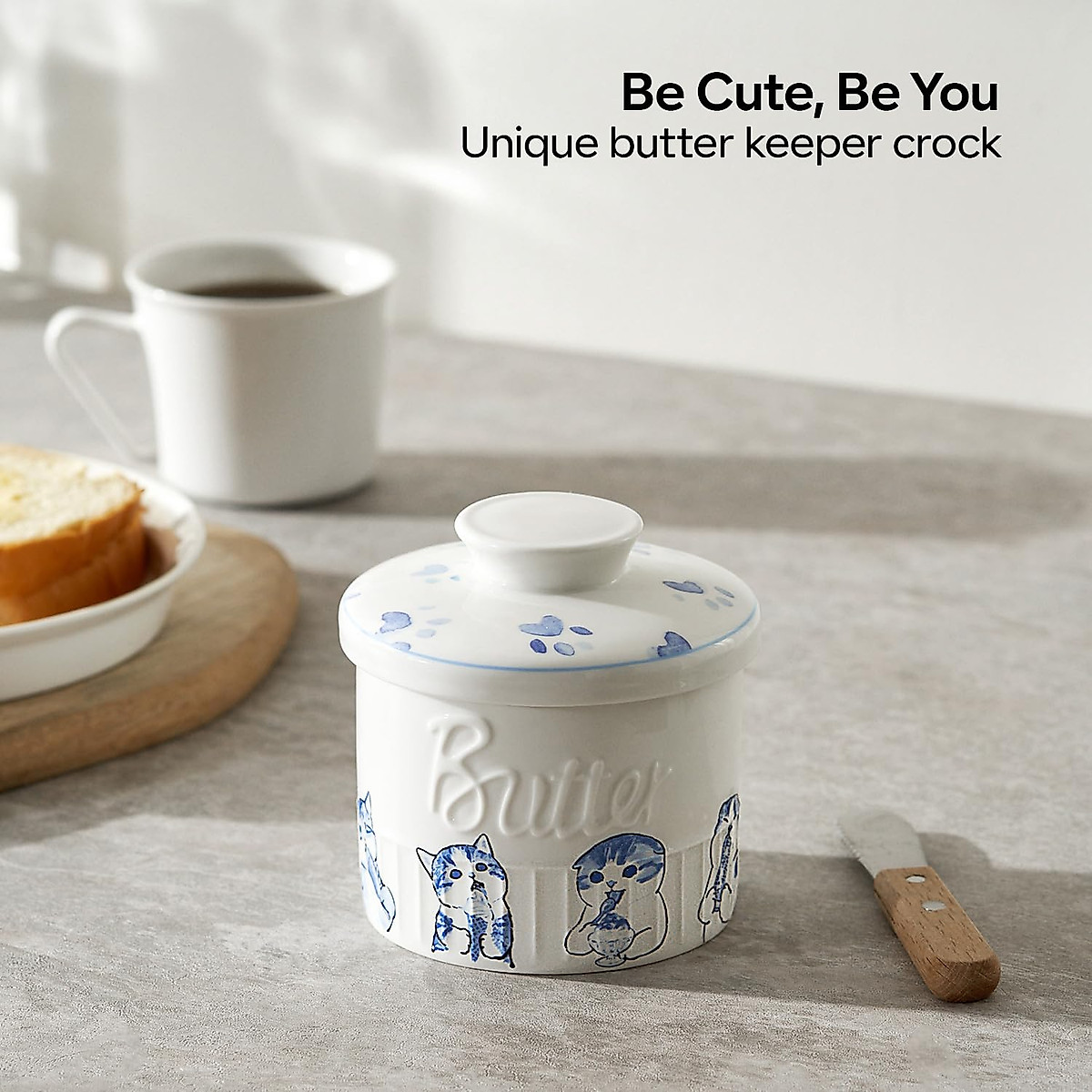Toptier Butter Crock for Counter With Water Line, On Demand Spreadable Butter, Ceramic Butter Keeper to Leave On Counter, French Butter Dish with Lid, (Greedy Cat War)