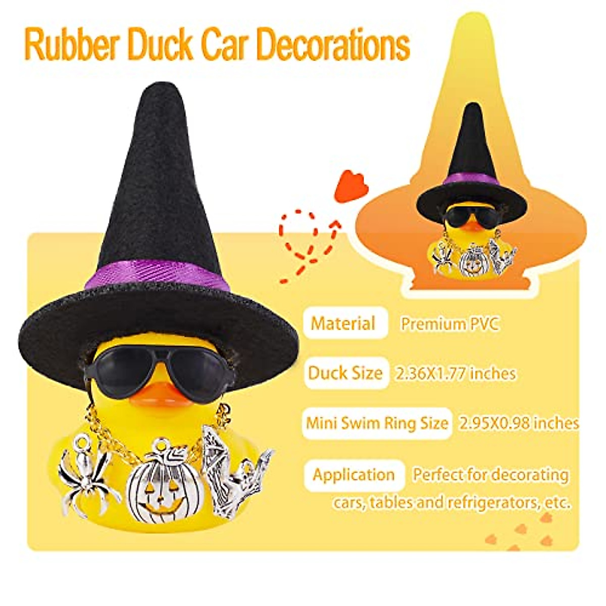 MuMyer Car Rubber Duck Ornaments Halloween Duck Car Dashboard Decorations with Mini Witch Hat Sunglasses Necklace Halloween Accessories for Halloween Themed Gifts