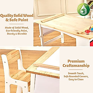 FUNLIO Wooden Kids Art Table & 2 Chairs Set (for Ages 3-8), Kids Craft Table with Large Storage & Paper Rolls, Toddler Drawing Table Solid Wood, Easy to Assemble/Clean, CPC & CE Certified