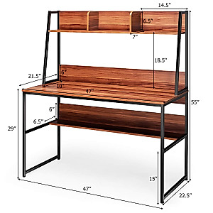 Tangkula Computer Desk with Hutch & Bookshelf, 47 Inches Space Saving Writing Study Table Home Office Desk, PC Laptop Table Workstation with w/ 3 Open Storage Space & Bottom Bookshelf (Brown)