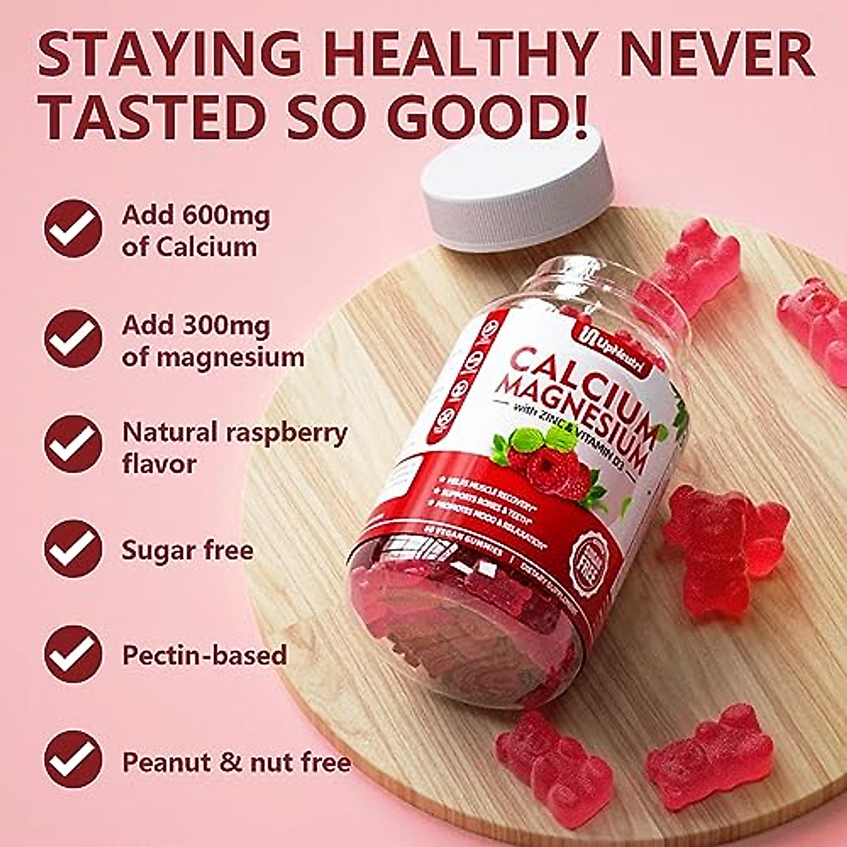 Calcium Magnesium Zinc with Vitamin D3 Gummies, Sugar Free Calcium Supplements for Women Men, High Absorption Zinc Gummies for Bone & Muscle & Immune Health, Vegan Raspberry Flavor - 120 Count