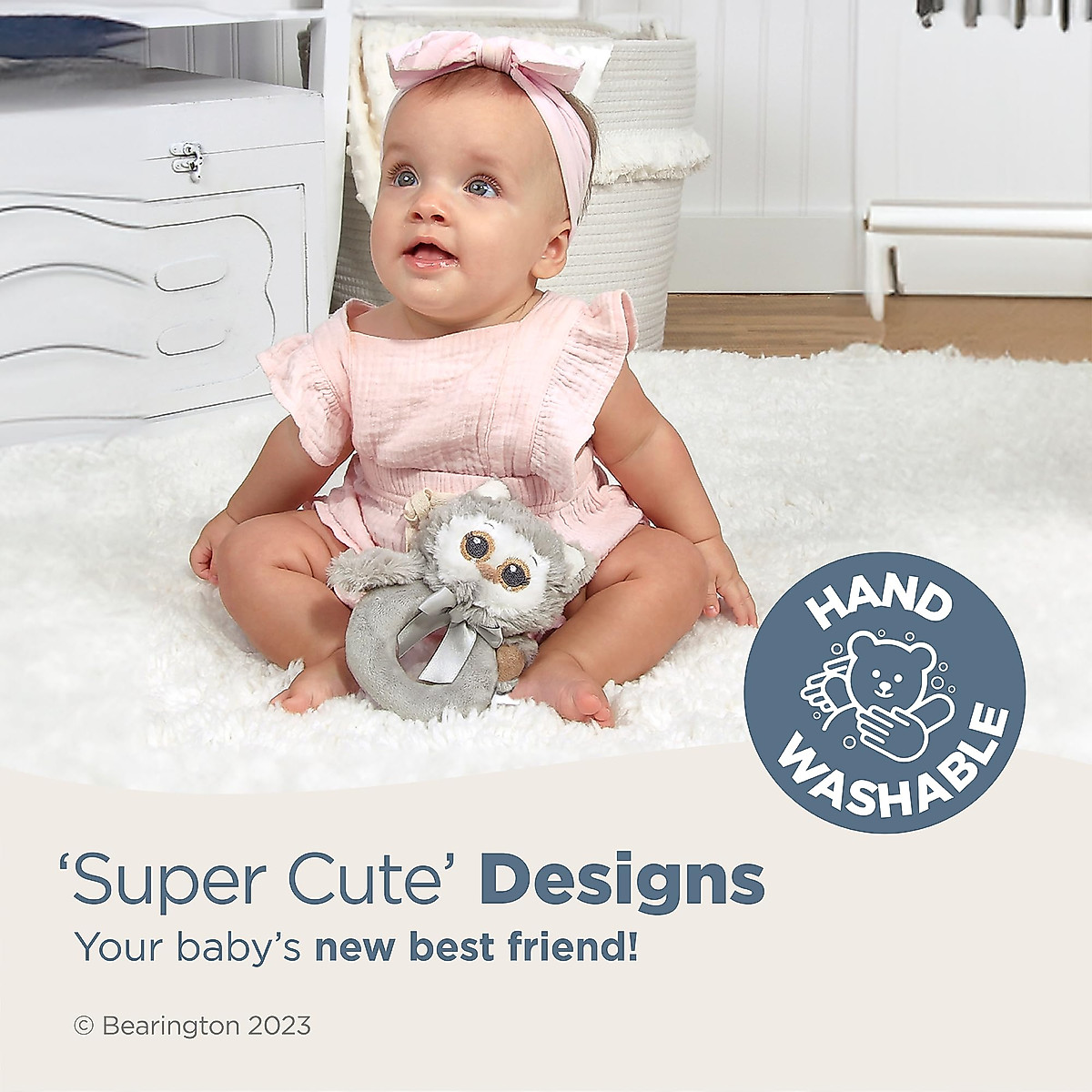 Bearington Baby Lil' Owlie Plush Stuffed Animal Gray Owl Soft Ring Rattle, 5.5"