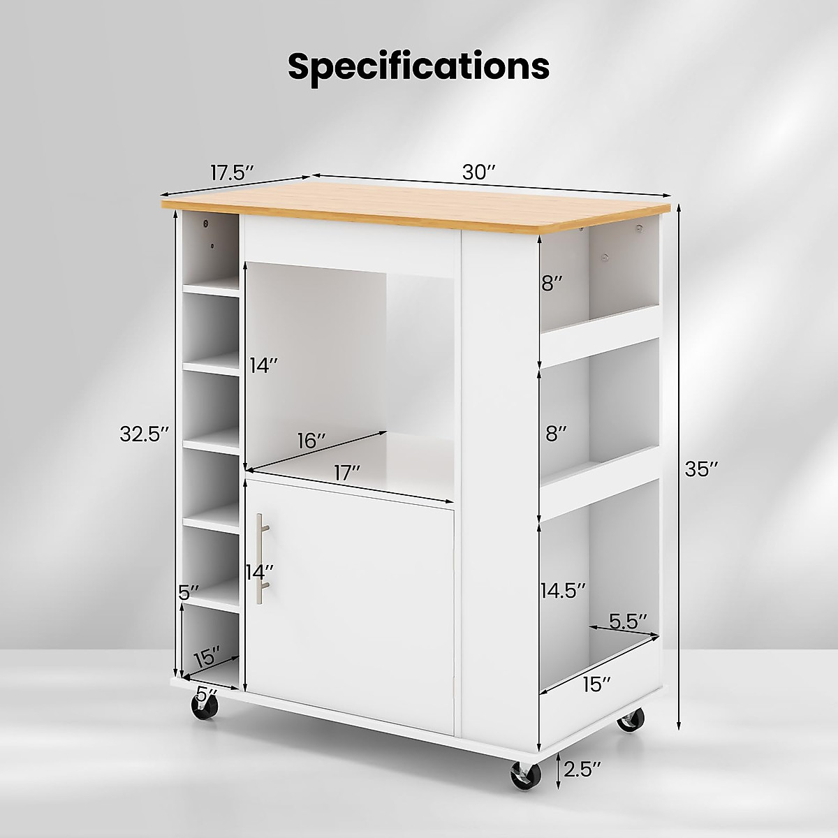 Giantex Kitchen Island, Mobile Kitchen Cart with Storage Cabinet, Bamboo Top, 6-Bottle Wine Rack, 3 Tier Spice Rack, Towel Holder, Rolling Microwave Cart for Dining Room Coffee Bar, White