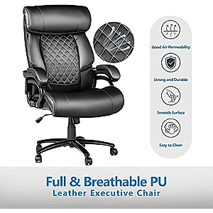 Big and Tall Office Chair, Computer Desk Chair with High Back, Office Chairs for Heavy People, PU Leather Home Office Desk Chair for Bedroom, 360°Rotating Heavy Duty Office Chair, Black