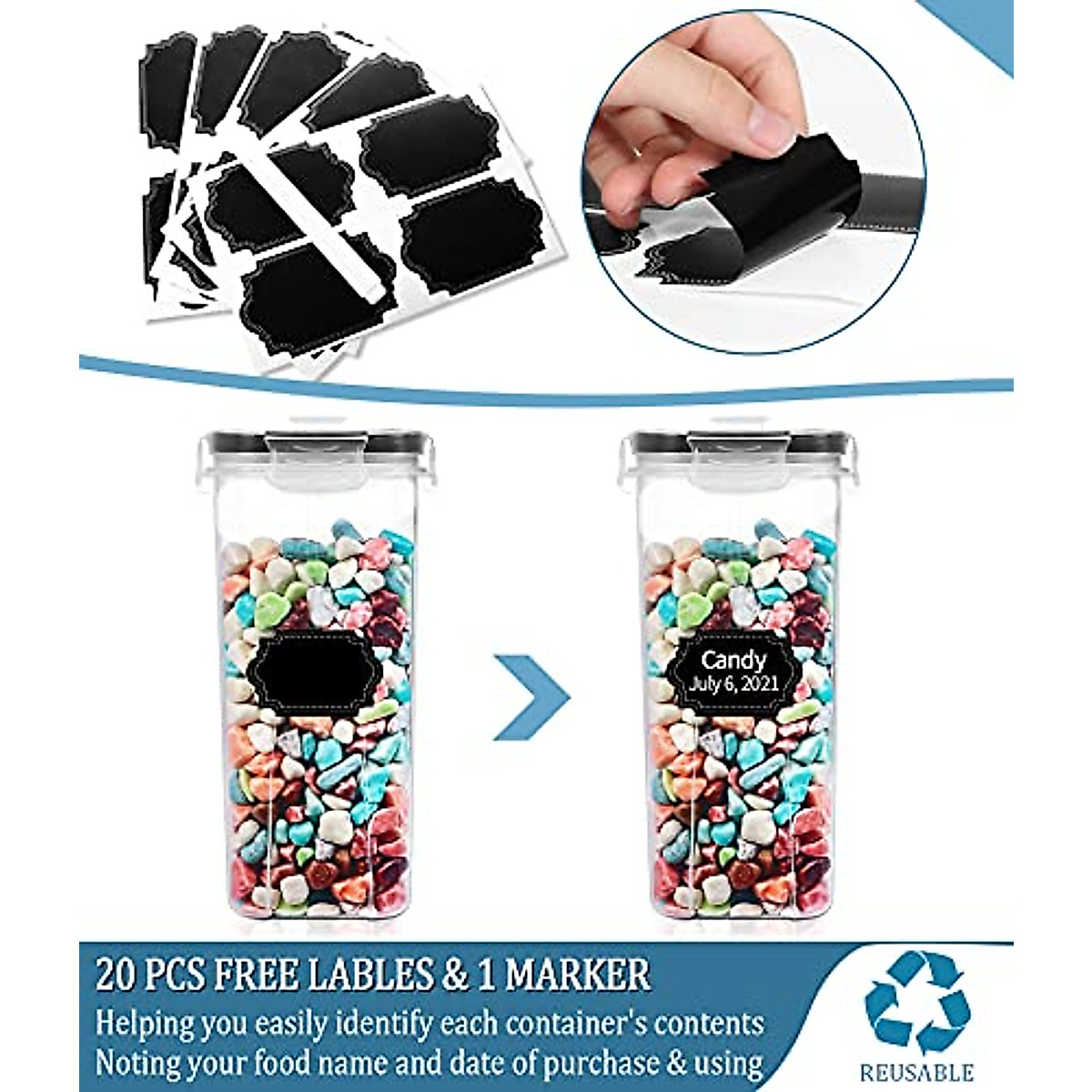 Cereal Containers Storage, Airtight Food Storage Container with Lid of 3 [2.5L/85.4oz] for Kitchen & Pantry Organization, BPA-Free Clear Plastic Canister Great for Snacks, Sugar, 20 Lables & Marker