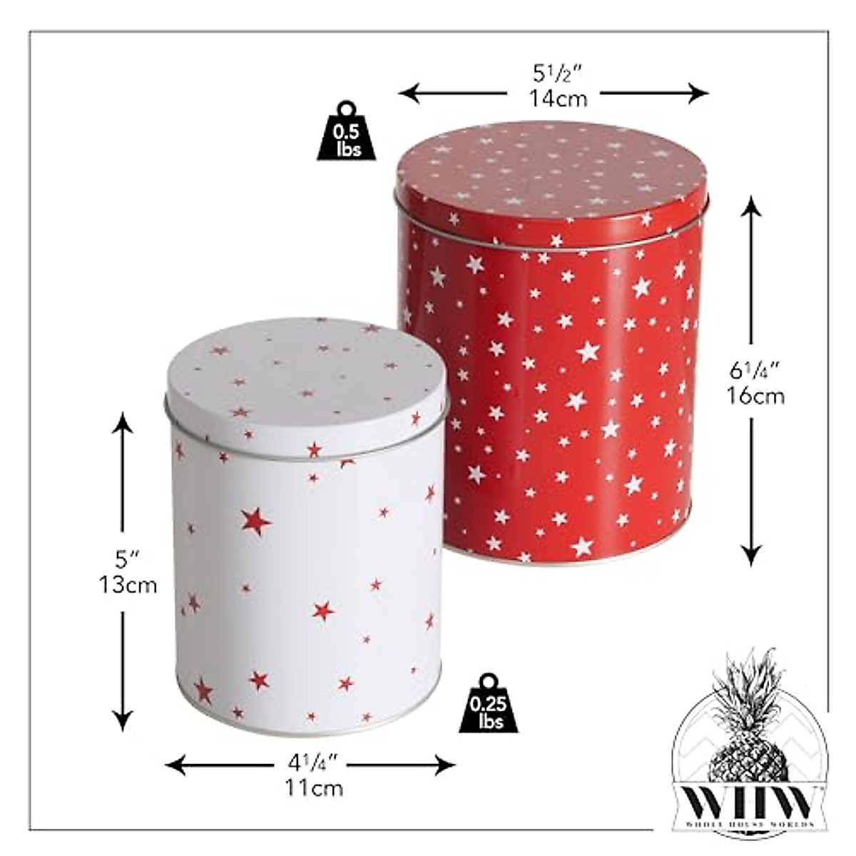 WHW Whole House Worlds 2 Piece Red and White Cookie Tin Set With Detachable Lids, Merry Star Pattern, Cylinders, 5 and 6.25 Inches Tall