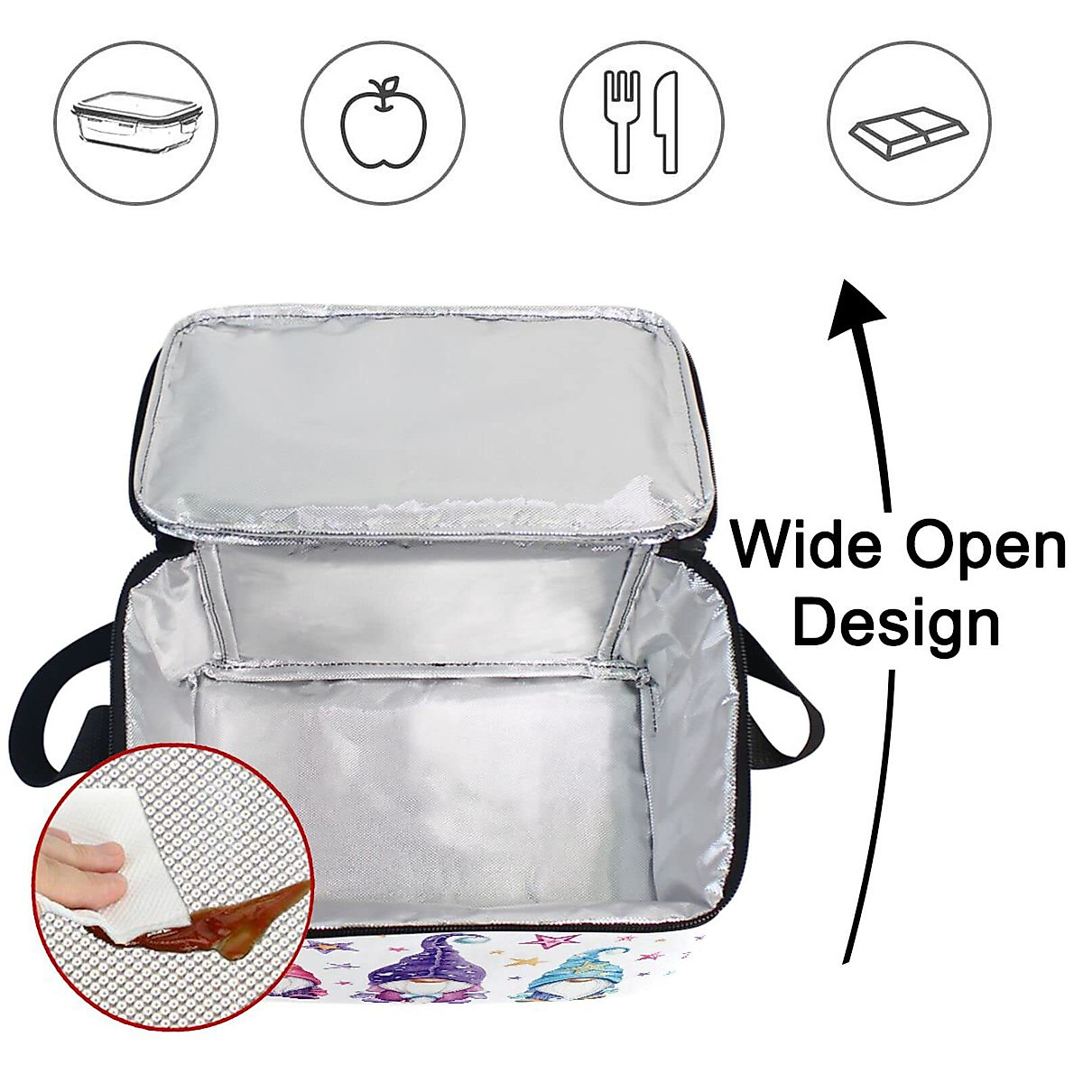 ZZXXB Gnome with Stars Insulated Lunch Bag Cooler Reusable Lunch Box School Office Travel Picnic Tote Bag for Women Men Kids