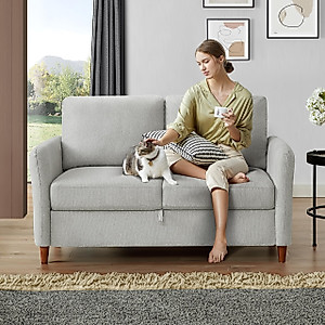 HOLYFIND Modern Loveseat Sofa Couch with Storage,Upholstered Small Couch,Mini Couch Furniture for Bedroom, Apartment, Office and Small Spaces(Light Gray, 56.5''-2seat)