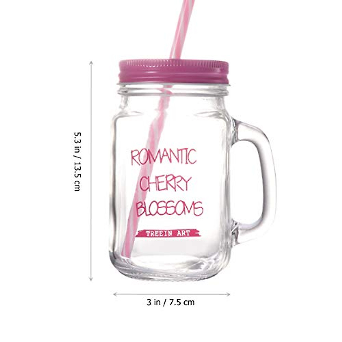 DOITOOL Mason Jar Drinking Mug 500ML Smoothie Cup Glass Juice Tumbler with Lid Handle and Straw for Juice Milk Cold Water Beverages (Pink)