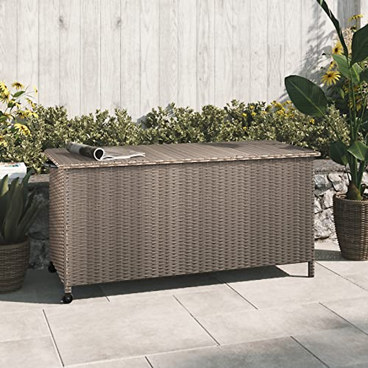 Grand patio Outdoor 108 Gallon Large Wicker Storage Box with Lid for Patio Furniture Cushions Toys Garden Tools Pool Accessories, Greige Small
