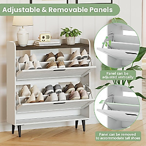 FATORRI Shoe Cabinet with 2 Flip Drawers, Wooden Shoe Storage for Entryway, Modern Narrow Shoe Rack Organizer with Metal Legs for Hallway (Walnut Brown+White Oak)