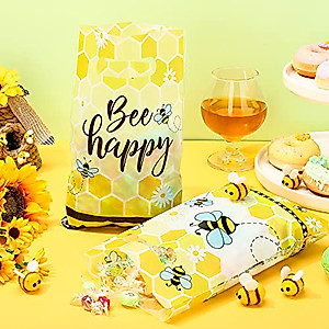 100 Pieces Bee Party Gift Bags Yellow Honey Bee Treat Bags with Handles Honey Bumble Bee Pattern Goodie Bags Plastic Candy Gift Bags for Bee Baby Shower Gender Reveal Birthday Party