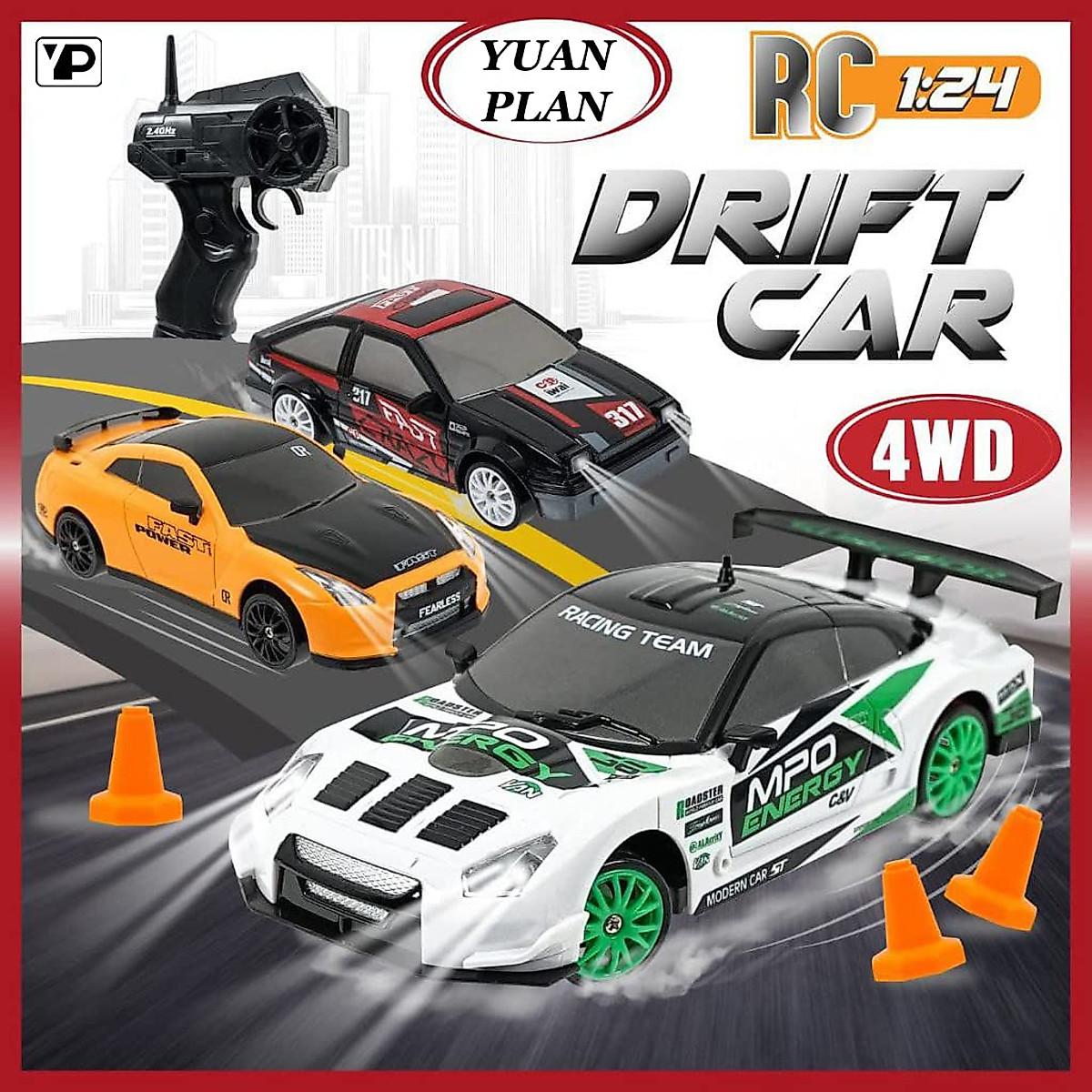 YUAN PLAN Remote Control Car 1/24 2.4GHz 4WD RC Drift Car, Rechargeable High Speed RC Cars with Cool Lights, Batteries and Extra Tires Birthday Gifts for Kids