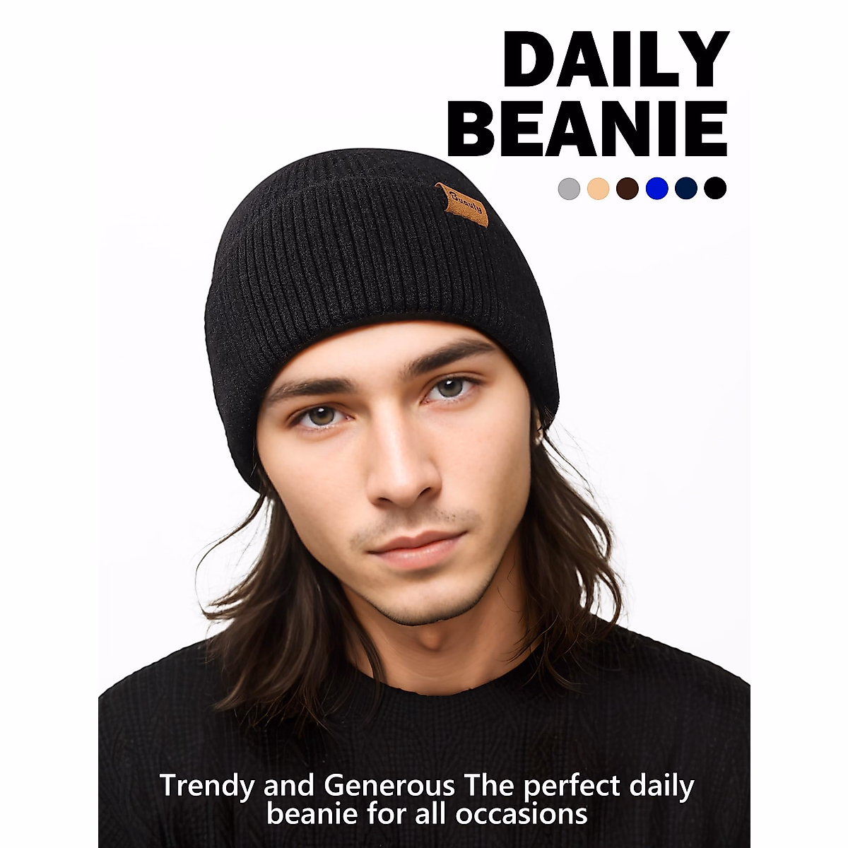 Black Beanie Hats for Men Guys, Warm Winter Hat Snow Skull Caps, Daily Thermal Stocking Caps, Fall Spring Knit Cookies Beanie, Striped Cuffed Beanie for Toboggan Ski Skate Hiking Golf