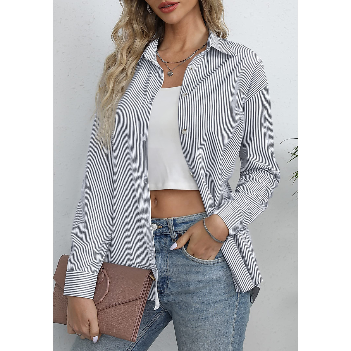 Diosun Womens Striped Button Down Shirts Classic Long Sleeve Stylish Collared Office Work Blouses Tops (Large, Grey)