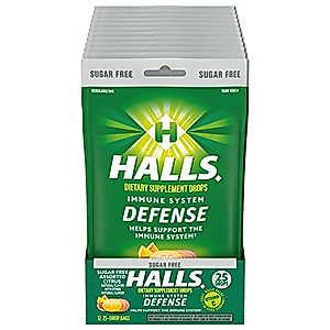 HALLS Defense Assorted Citrus Sugar Free Vitamin C Drops, Dietary Supplement Drops, 12 Bags of 25 Drops (300 Total Drops)
